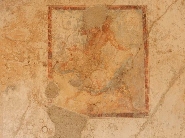 IX.3.5 Pompeii. March 2009. Room 4, remains of wall painting of Satyr ...