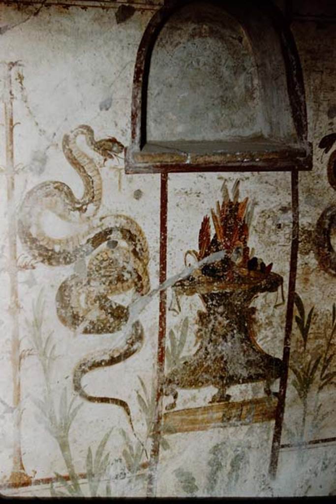 I.7.11 Pompeii. 1959. Lararium on west wall. Photo by Stanley A ...